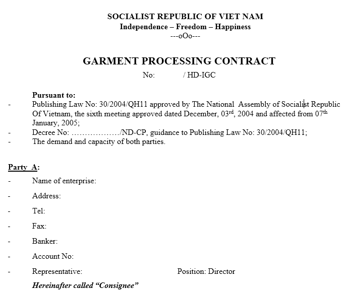 Mẫu hợp đồng gia công - GARMENT PROCESSING CONTRACT ( TIẾNG ANH)